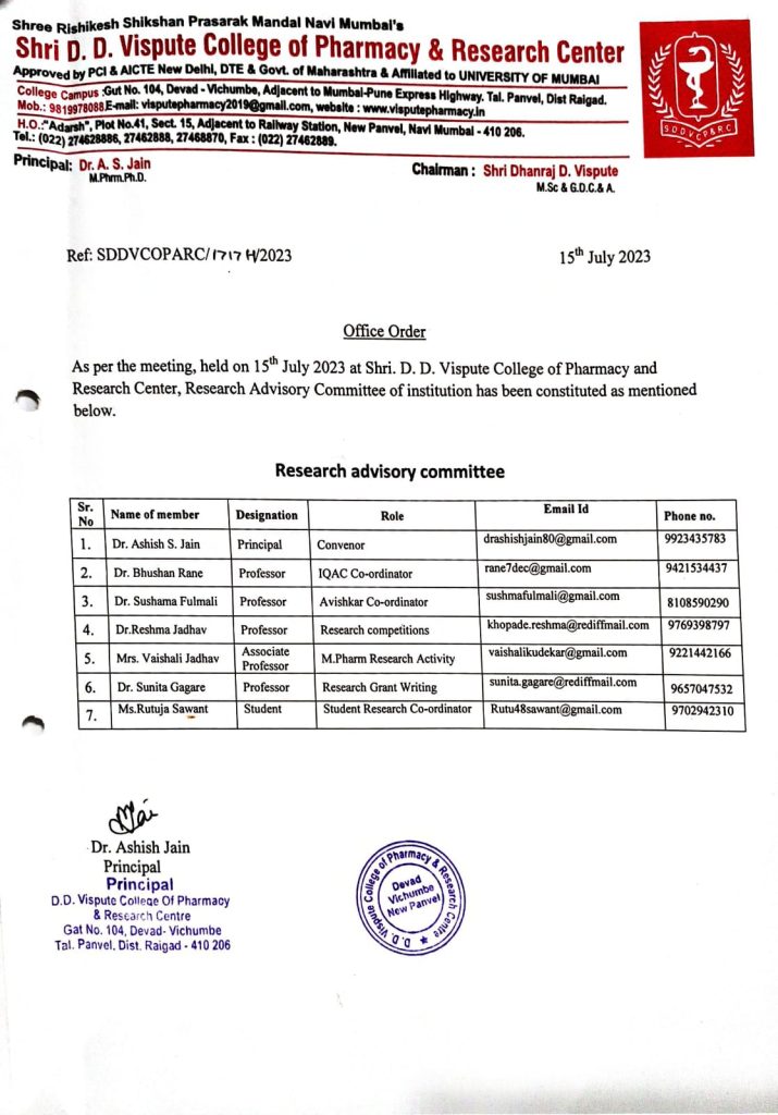 Research Advisory Committee – Shri D. D. Vispute College of Pharmacy ...